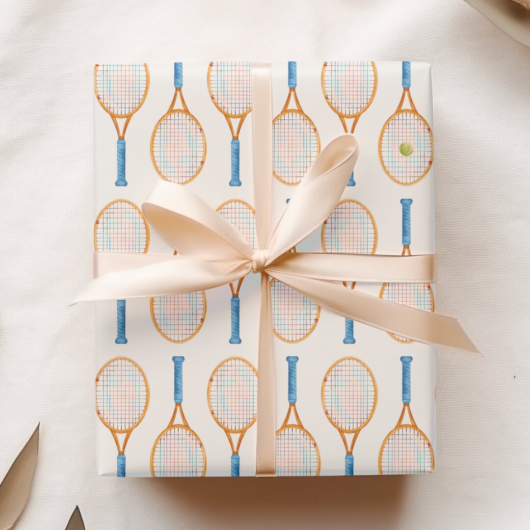 Watercolor Tennis Racket Gift Wrap, Illustrated Wrapping Paper, Quality ...