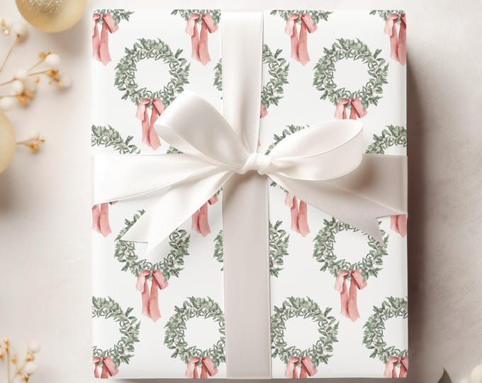 Watercolor Wreaths and Bows Wrapping Paper, Timeless Holiday Gift Wrap ...