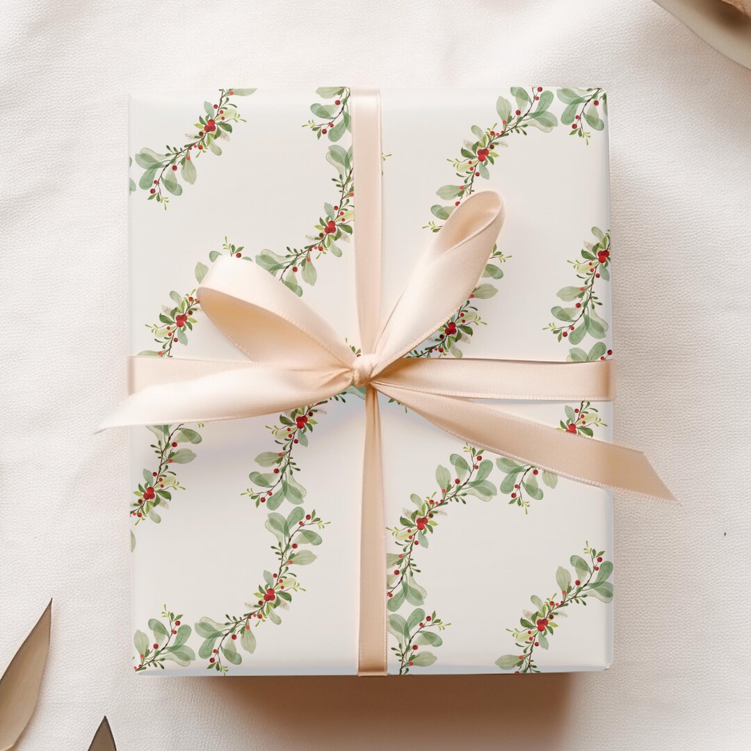 Eucalyptus Red Berry Garland Wrapping Paper, Winter Greenery Gift Wrap ...