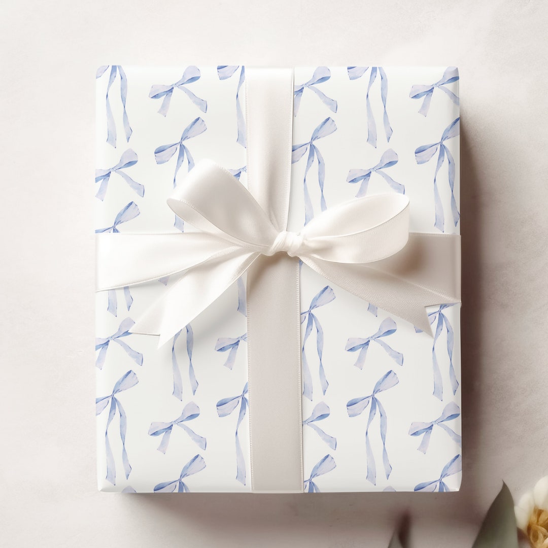 Blue Bows Wrapping Paper, Watercolor Ribbon Gift Wrap, Quality Gift ...