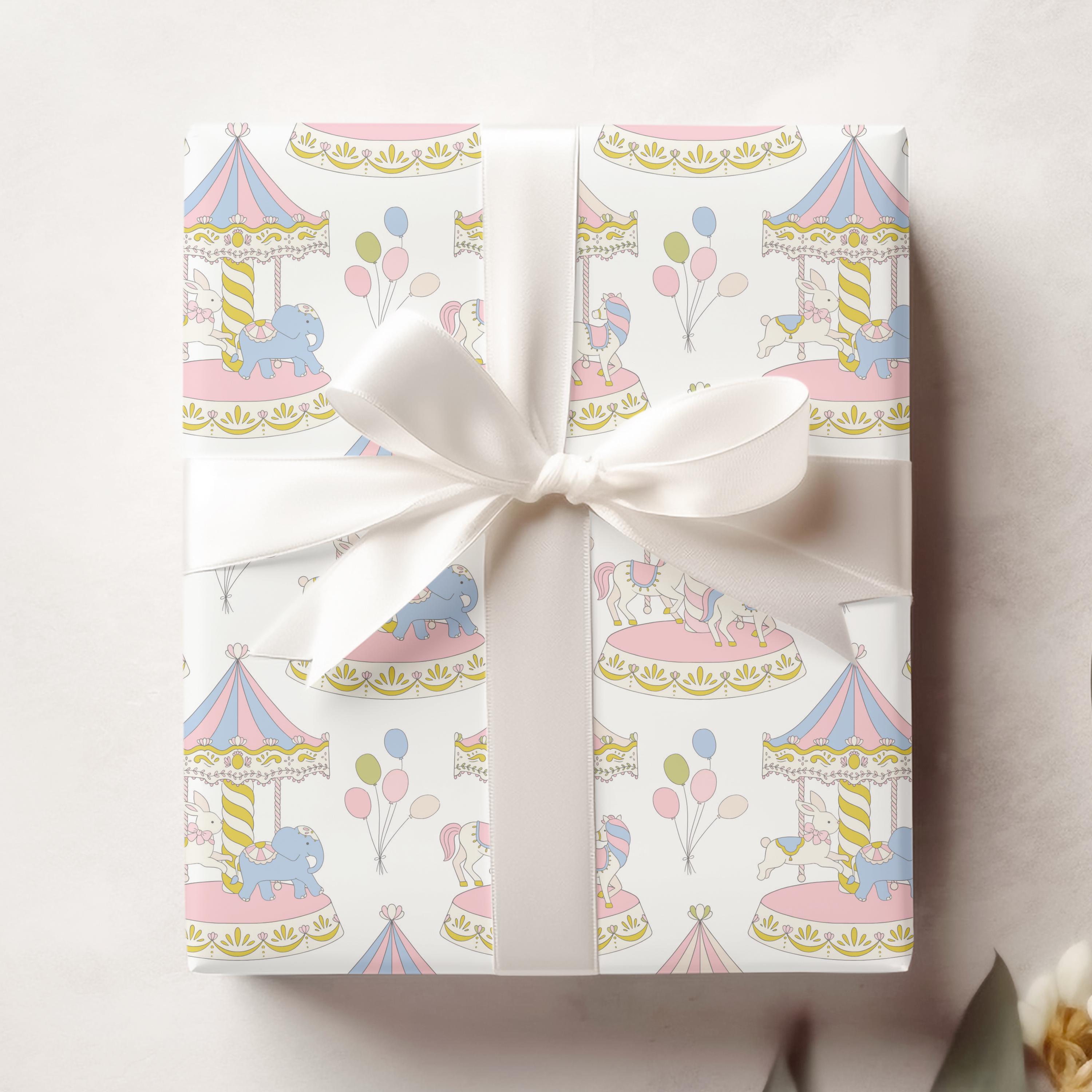 Carousel Birthday Gift Wrap, Kids Carnival Wrapping Paper, Pastel Matte ...
