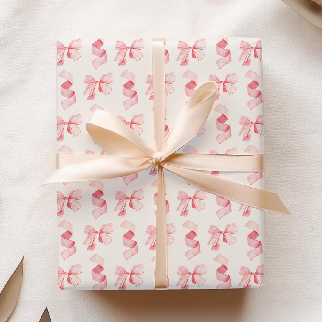 Watercolor Pink Bows Wrapping Paper, Pink Ribbon Gift Wrap, Quality All ...