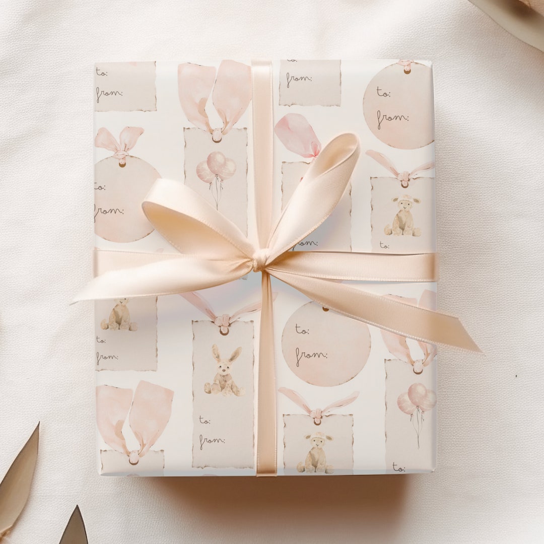 Pink Baby Shower Wrapping Paper, Watercolor Illustrated Gift Tag Gift ...