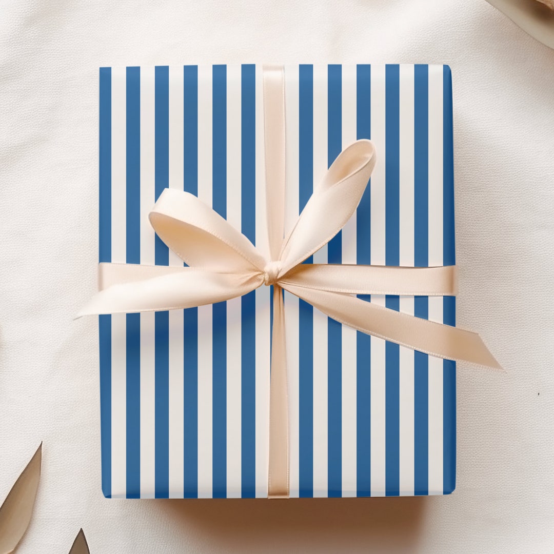 Blue Cabana Stripe Wrapping Paper, Tropical Beach Striped Gift Wrap ...