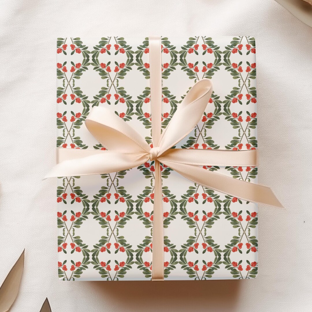 Holiday Wrapping Paper, Watercolor Cranberry Plant Pattern Gift Wrap ...