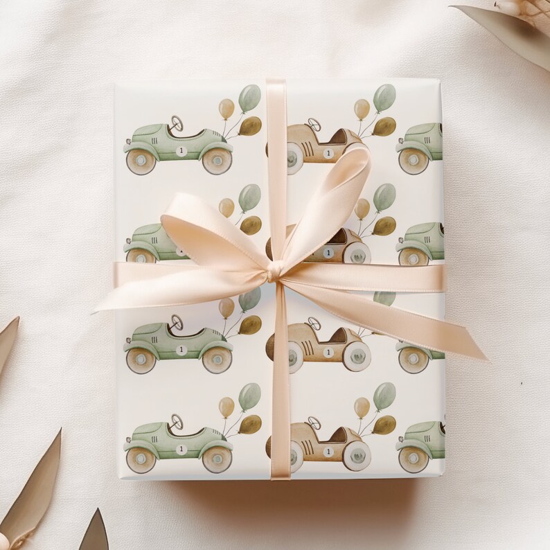 Race Car Gift Wrap, Illustrated Cars Wrapping Paper, Toddler Birthday ...