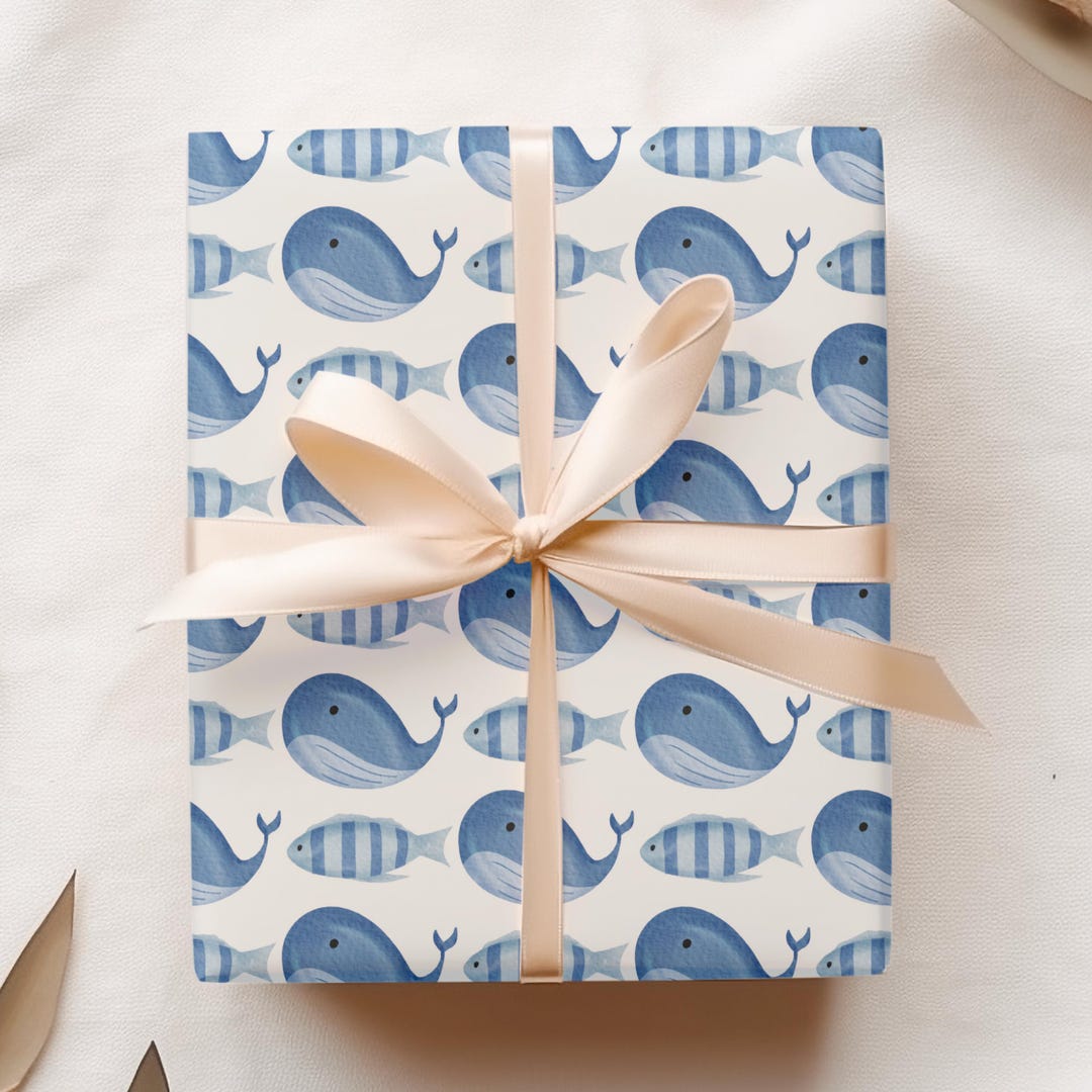 Blue Whale and Fish Wrapping Paper, Kid's Nautical Gift Wrap, Matte ...