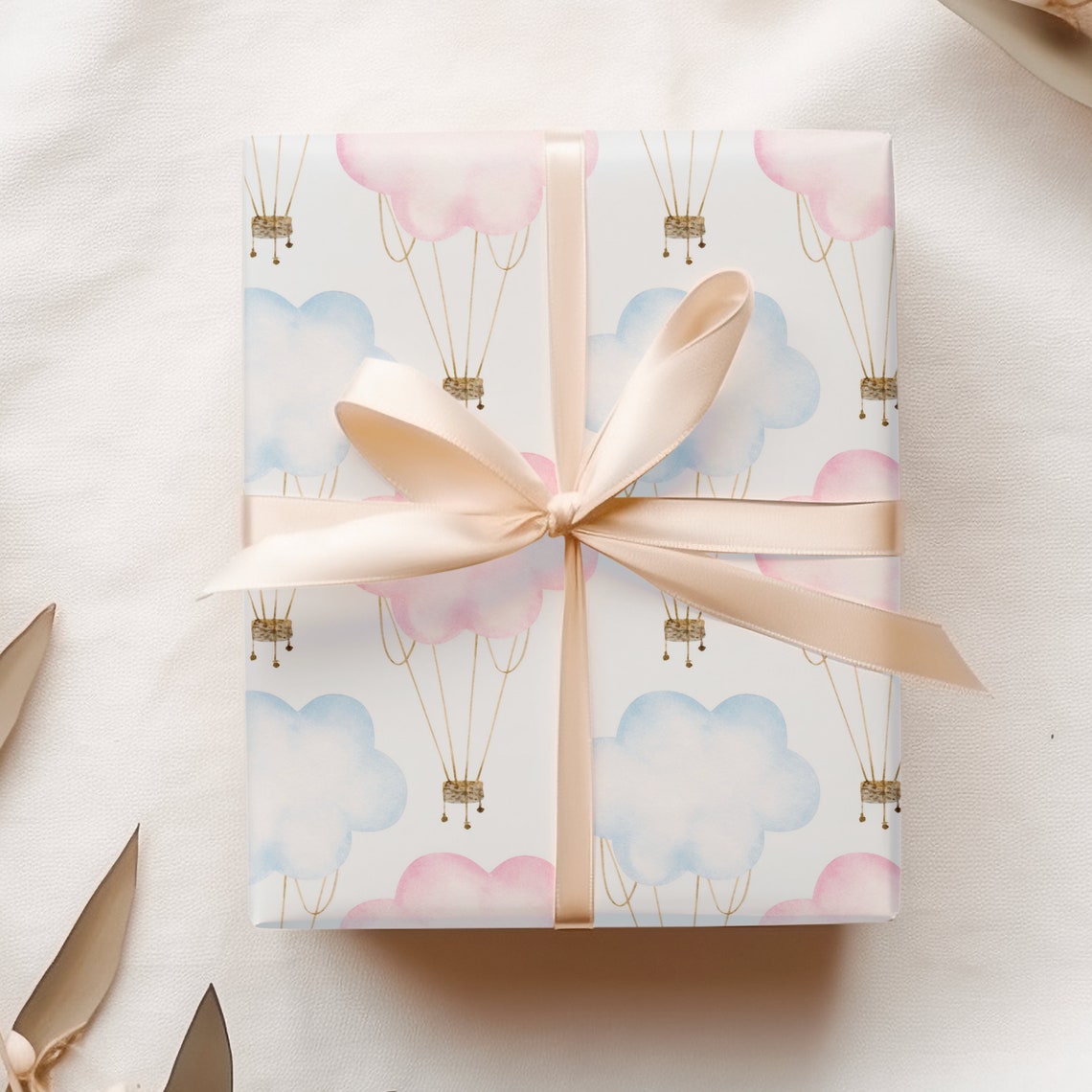 Watercolor Hot Air Balloon Wrapping Paper, Pink and Blue Clouds Gift ...