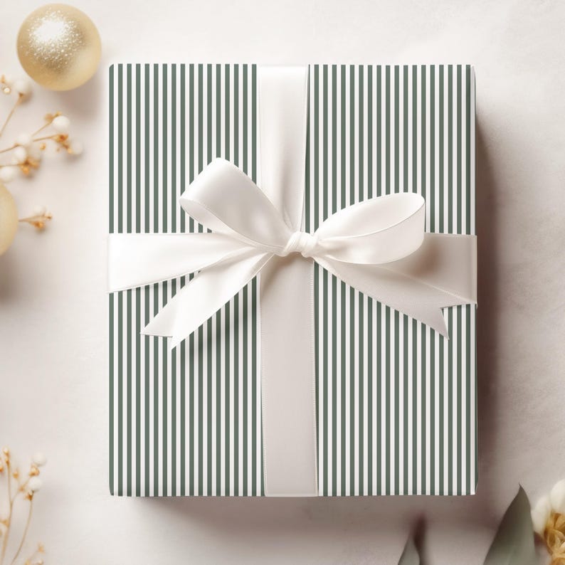 Dark Green Oxford Stripe Wrapping Paper, Forest Green Thin Striped Gift ...