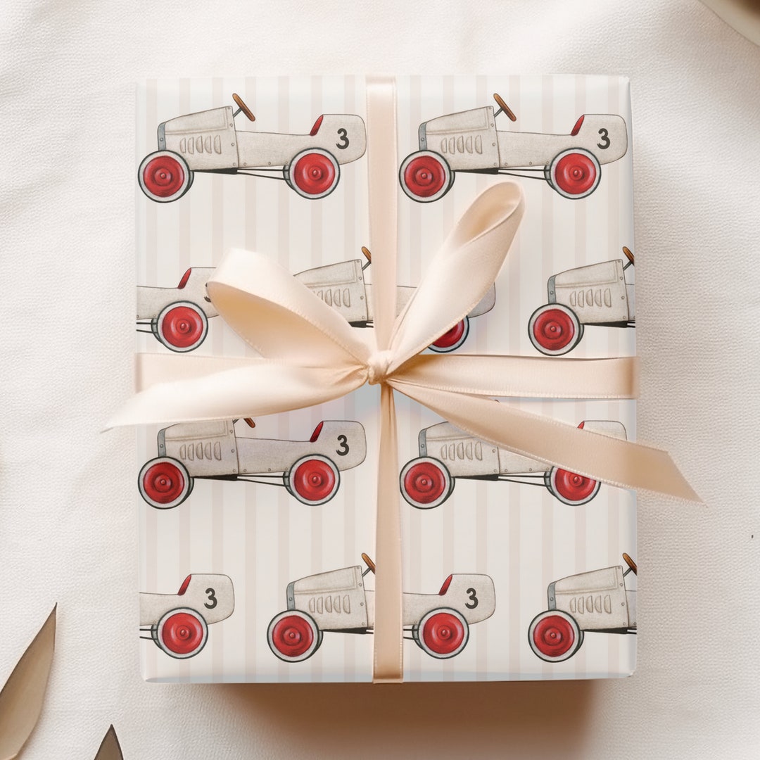 Vintage Pedal Car Gift Wrap, Retro Kids Wrapping Paper, Quality Gift ...