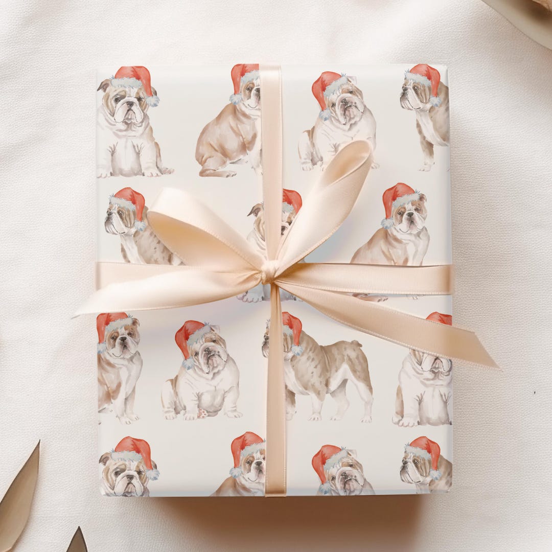 English Bulldog Wrapping Paper, Illustrated Holiday Dogs Gift Wrap ...