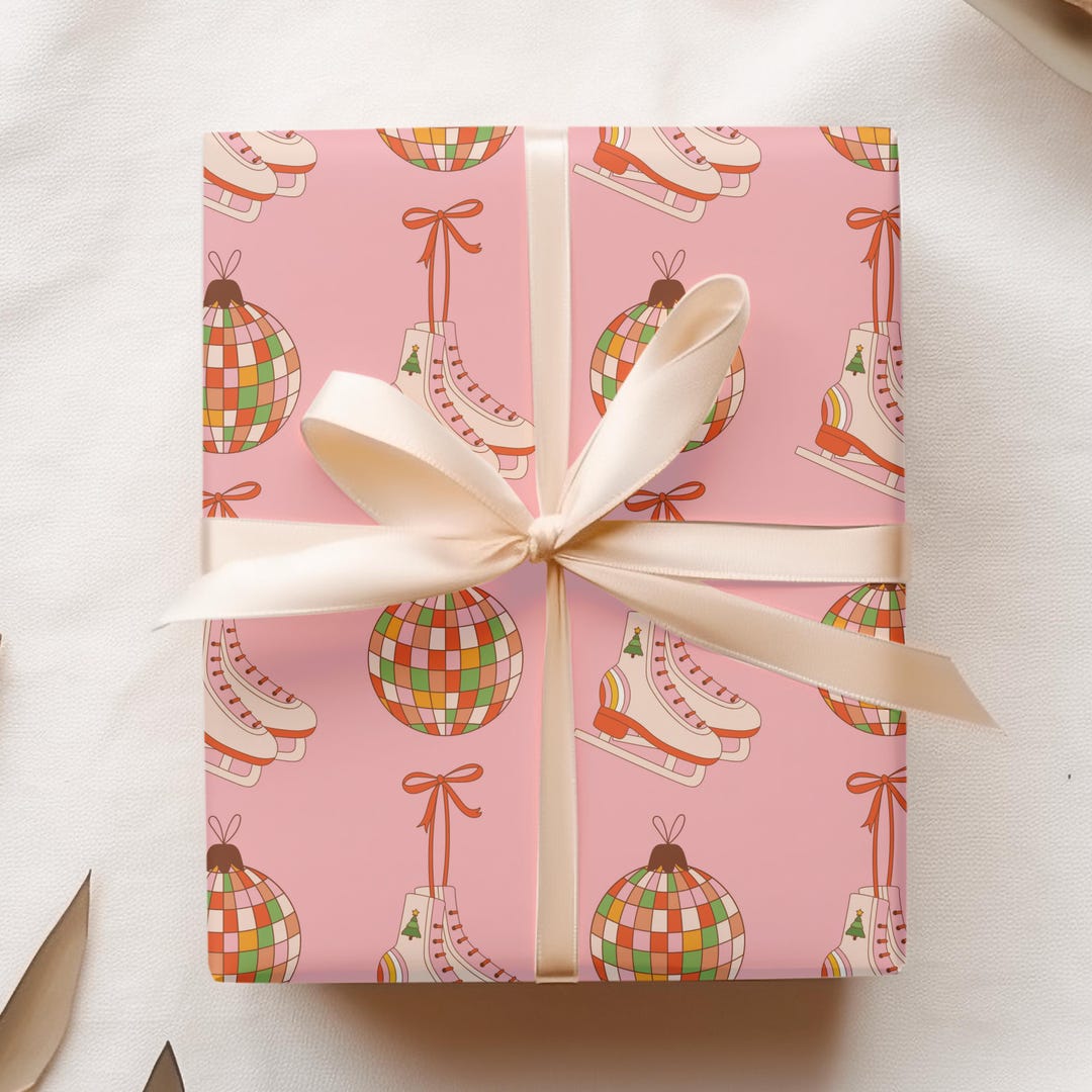 Retro Ice Skate Christmas Wrapping Paper, Disco Ball Ornament Gift Wrap ...