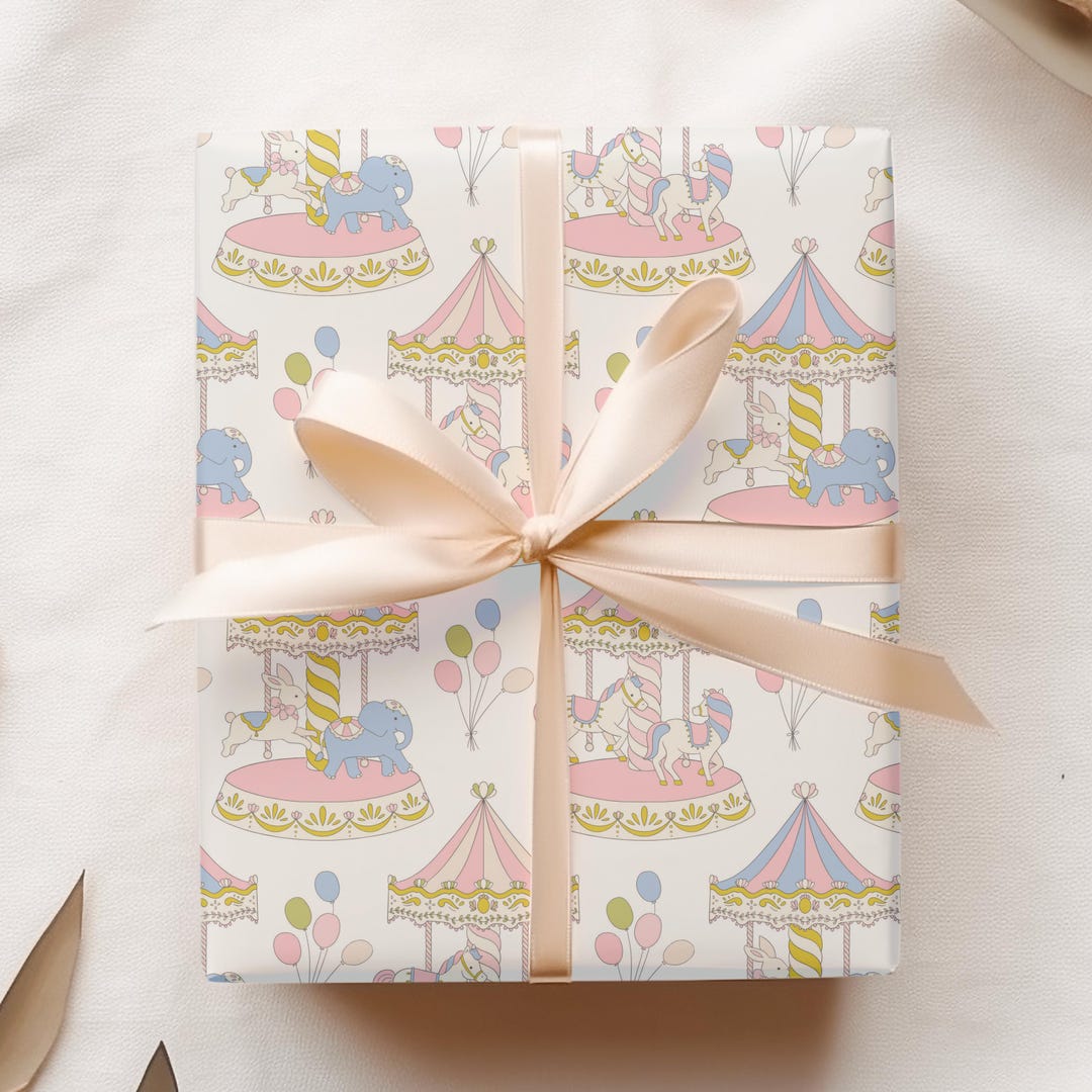 Carousel Birthday Gift Wrap, Kids Carnival Wrapping Paper, Pastel Matte ...