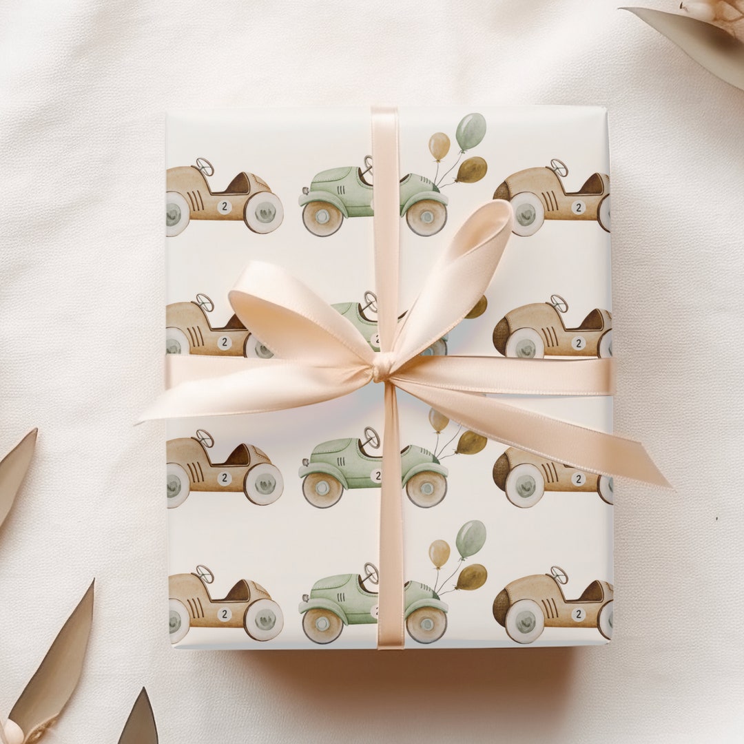 Race Car Gift Wrap, Illustrated Cars Wrapping Paper, Toddler Birthday ...