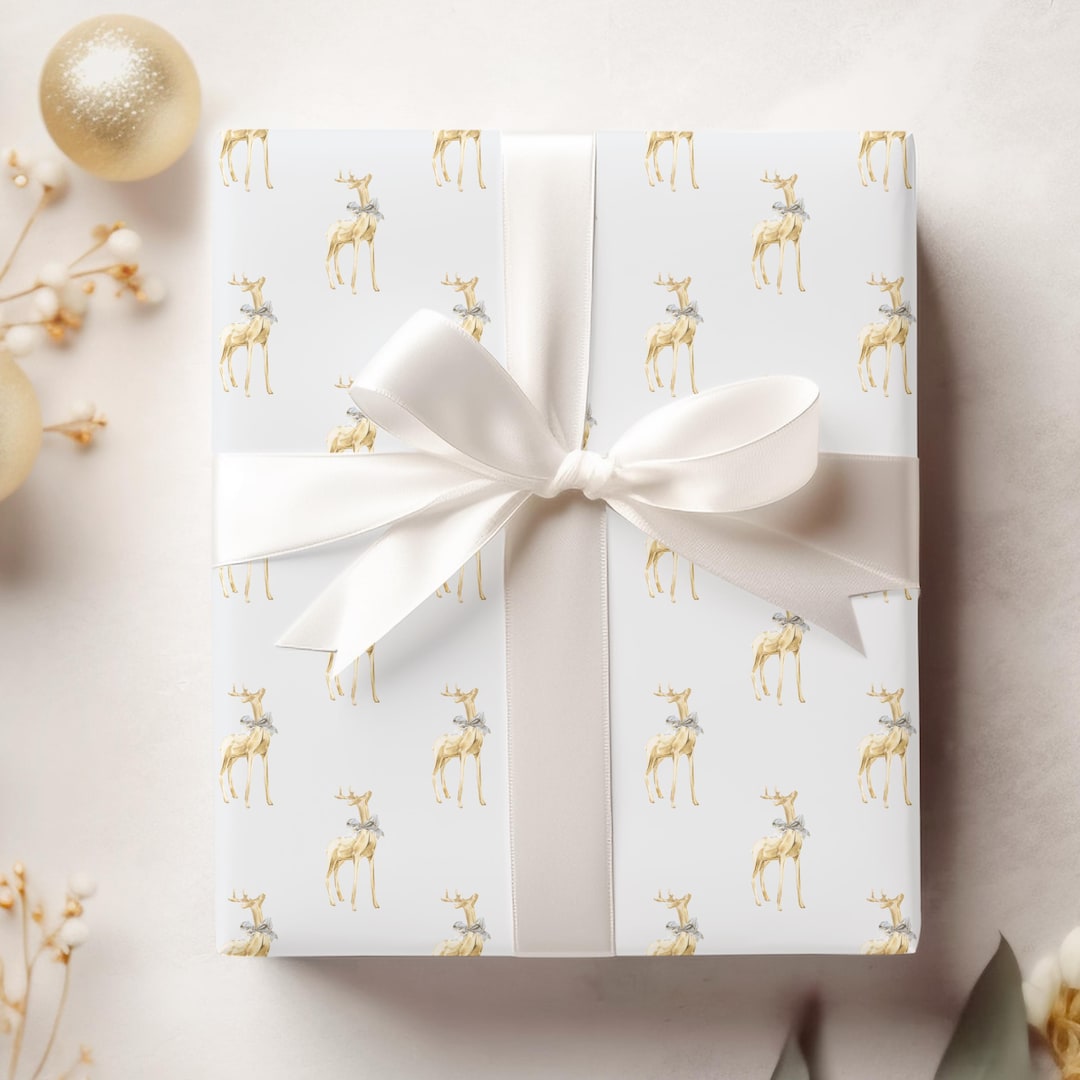 Watercolor Gold Reindeer Gift Wrap, Timeless Holiday Wrapping Paper ...