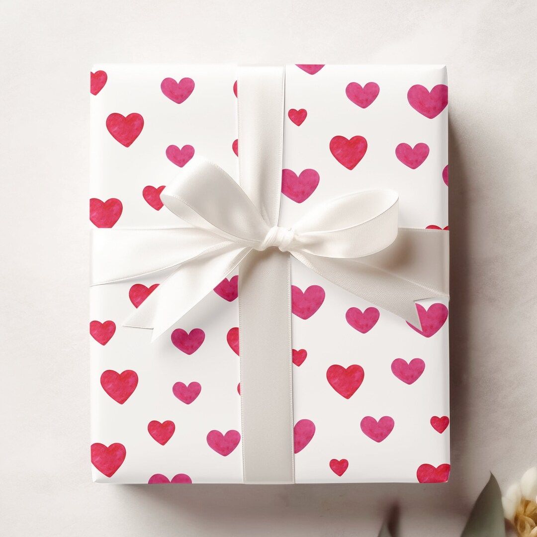 Watercolor Hearts Wrapping Paper, Valentine's Day Gift Wrap, Red and ...