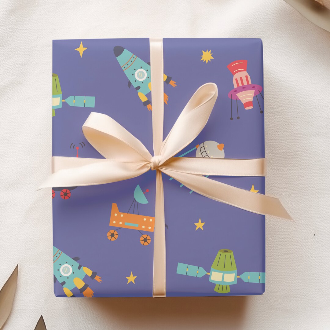 Kids Spacecraft Wrapping Paper, Space Vehicles Gift Wrap, Rocket Ship ...