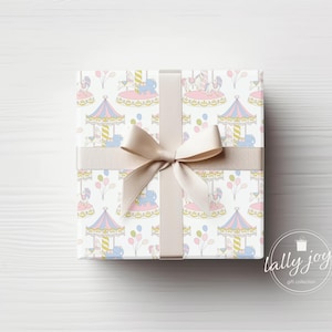 Carousel Birthday Gift Wrap, Kids Carnival Wrapping Paper, Pastel Matte ...