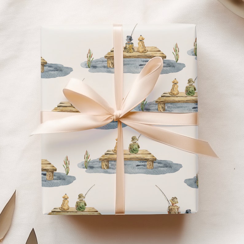 Illustrated Fishing Gift Wrap, Watercolor Fishing Friends Wrapping ...