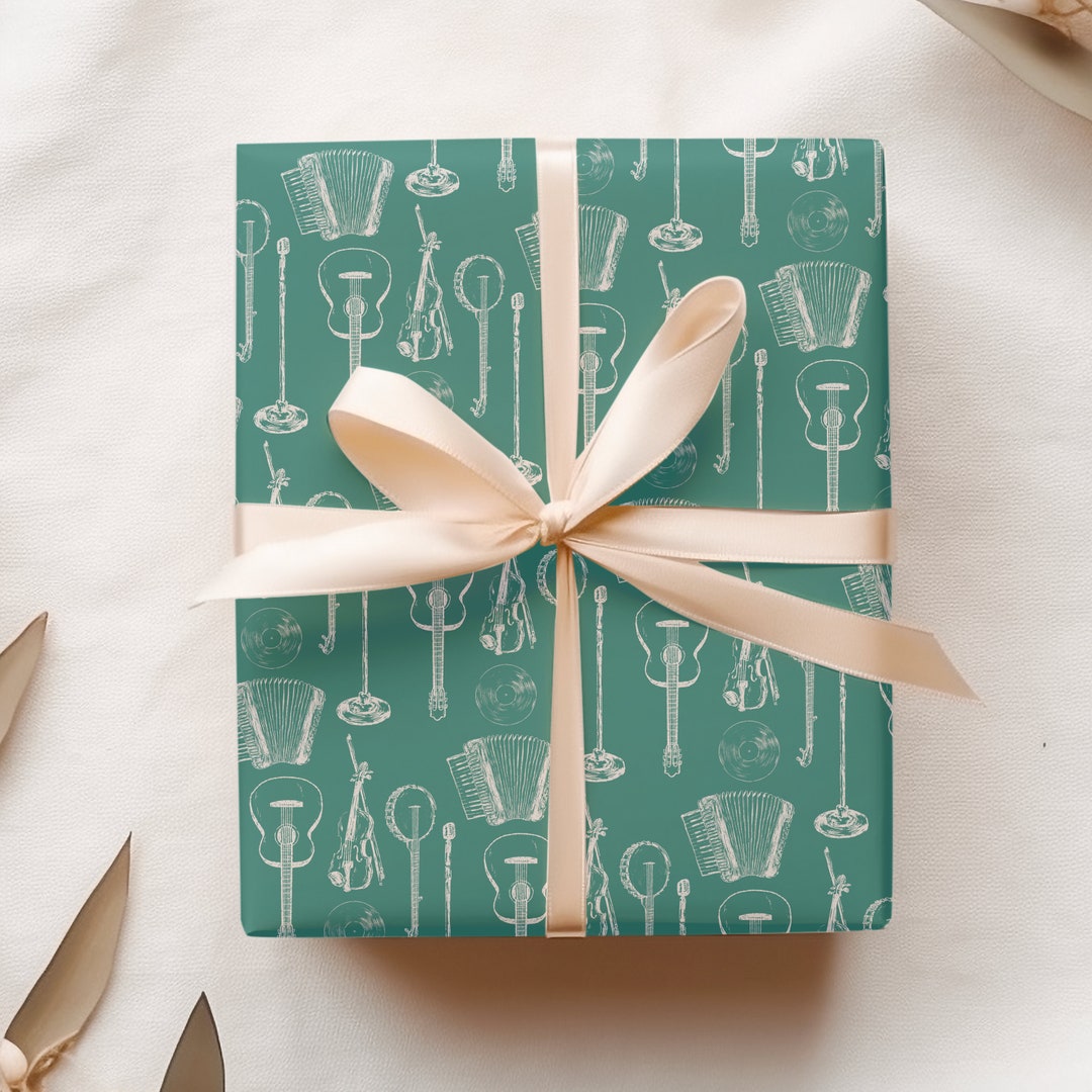Illustrated Musical Instruments Gift Wrap, Folk Bluegrass Band Wrapping ...