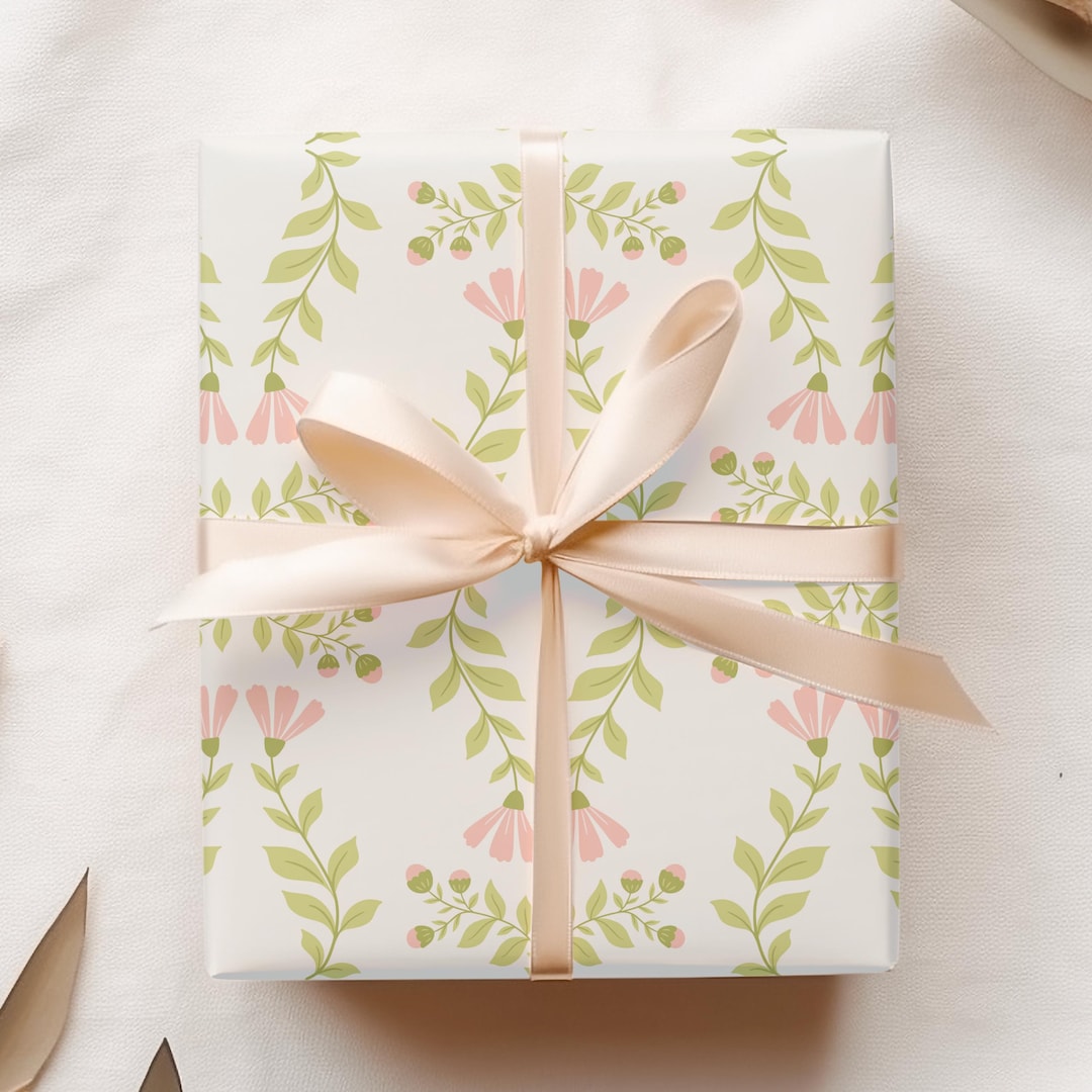 Green and Pink Floral Wrapping Paper, Modern Greenery Gift Wrap ...