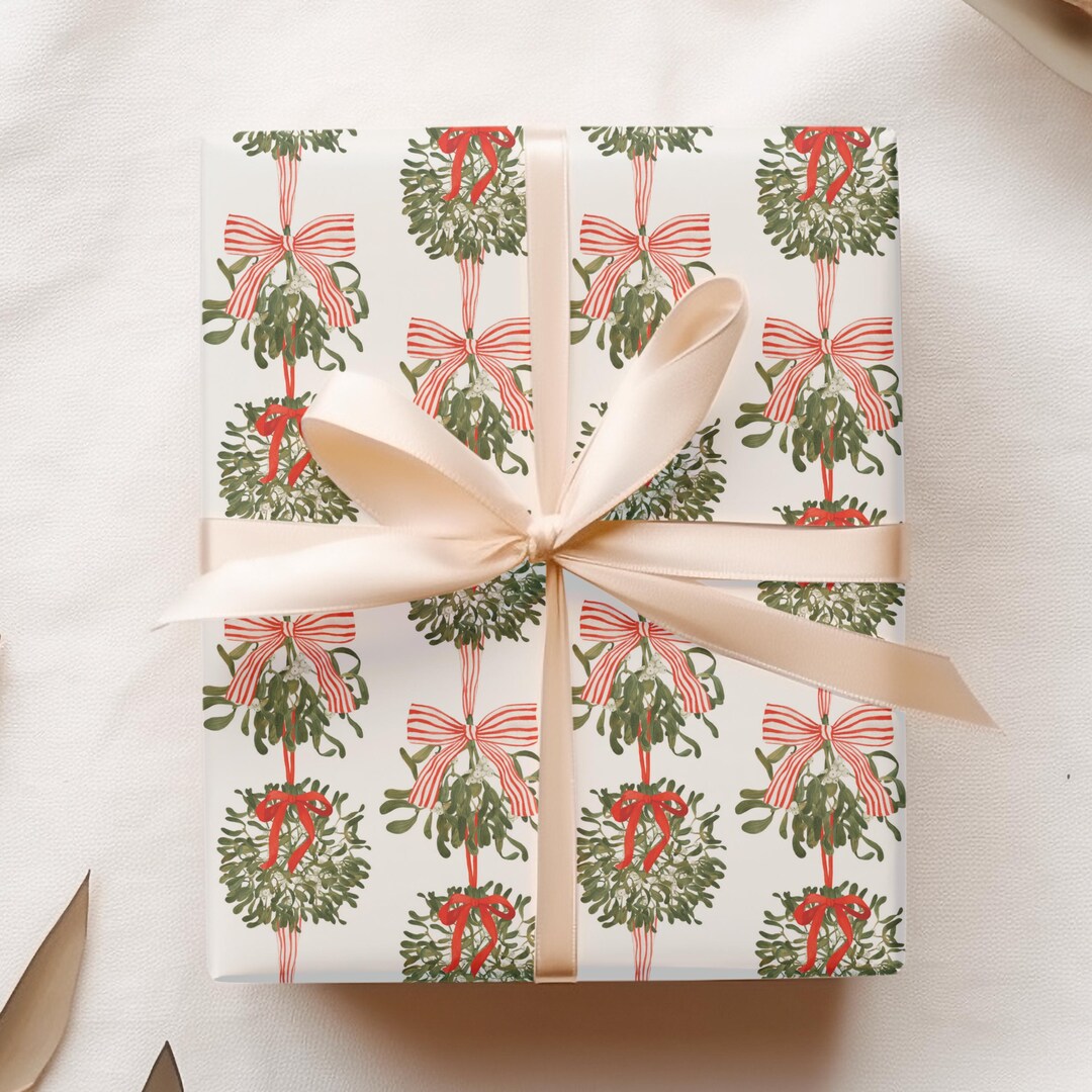 Illustrated Mistletoe Wrapping Paper, Holiday Gift Wrap, Quality Matte ...