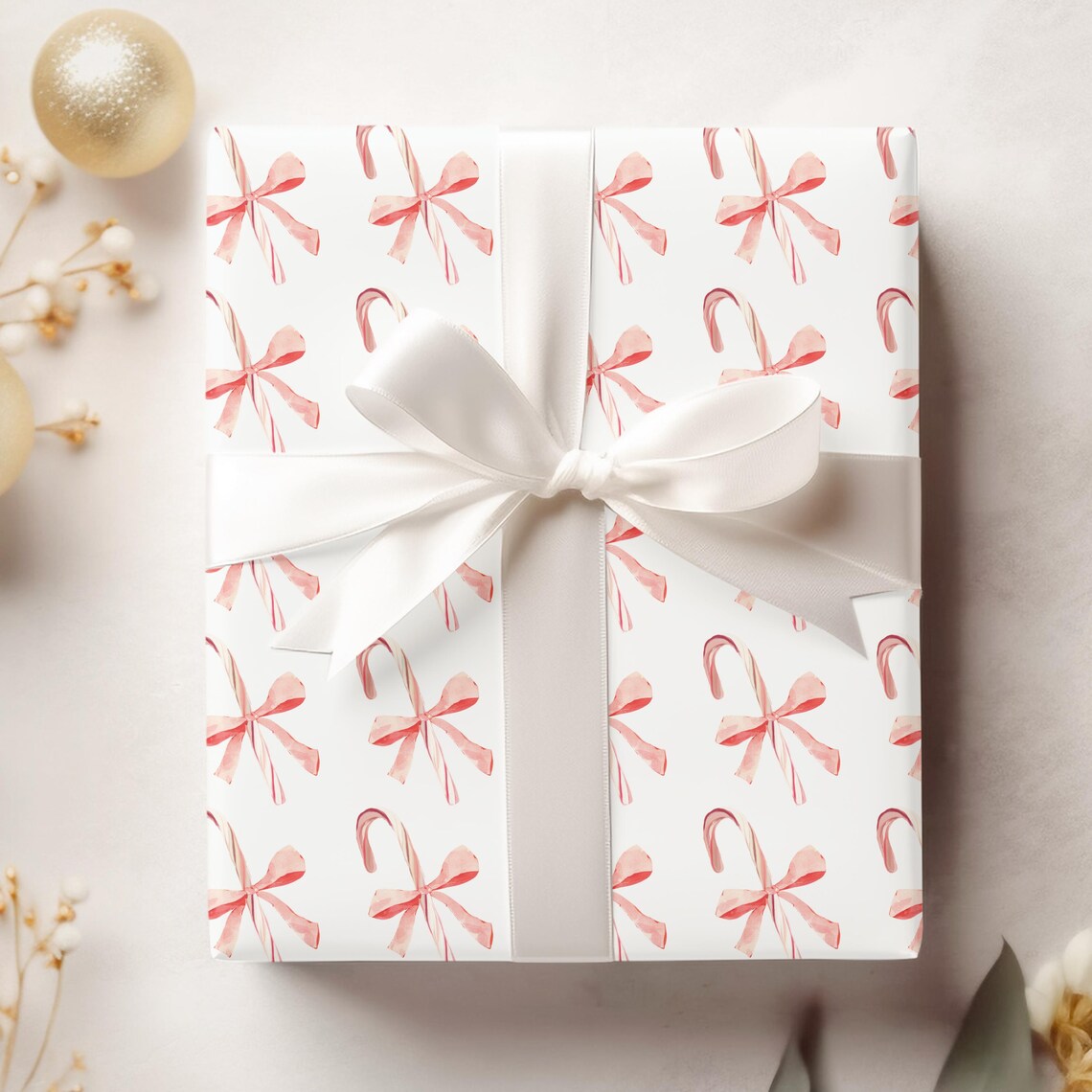 Candy Cane Gift Wrap, Holiday Wrapping Paper, Watercolor Peppermint ...