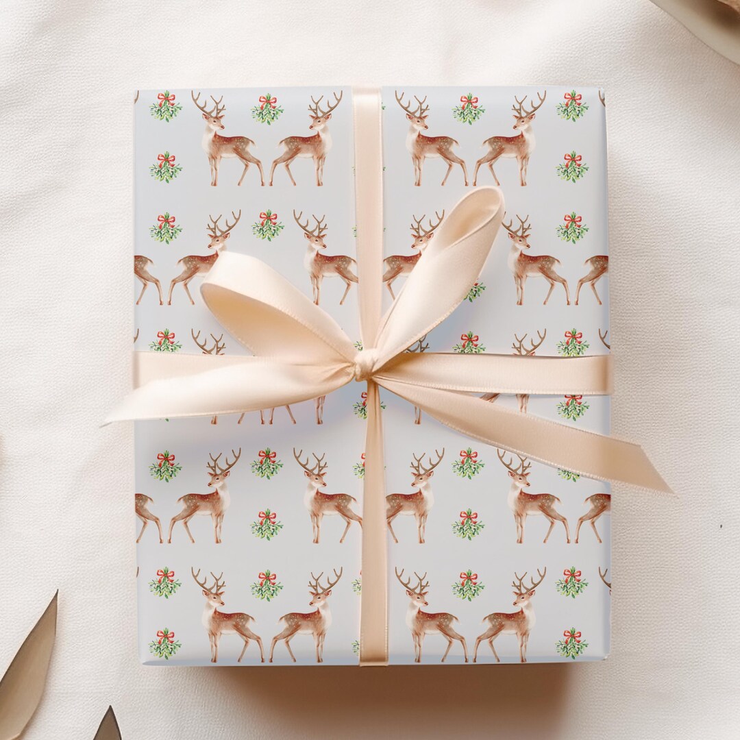 Mistletoe Wrapping Paper, Watercolor Reindeer Gift Wrap, Quality ...