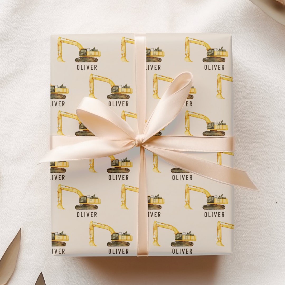 Custom Name Excavator Wrapping Paper, Watercolor Construction Vehicle ...