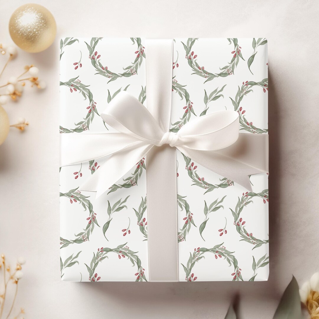 Winter Wreath Gift Wrap, Watercolor Christmas Greenery and Berries ...