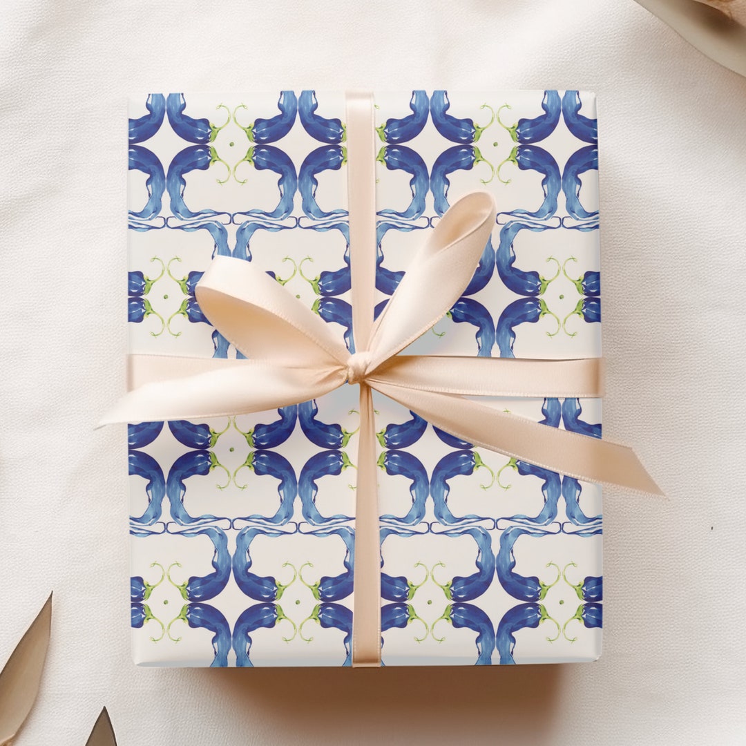 Blue Chili Pepper Gift Wrap, Watercolor Wrapping Paper, Quality Gift ...