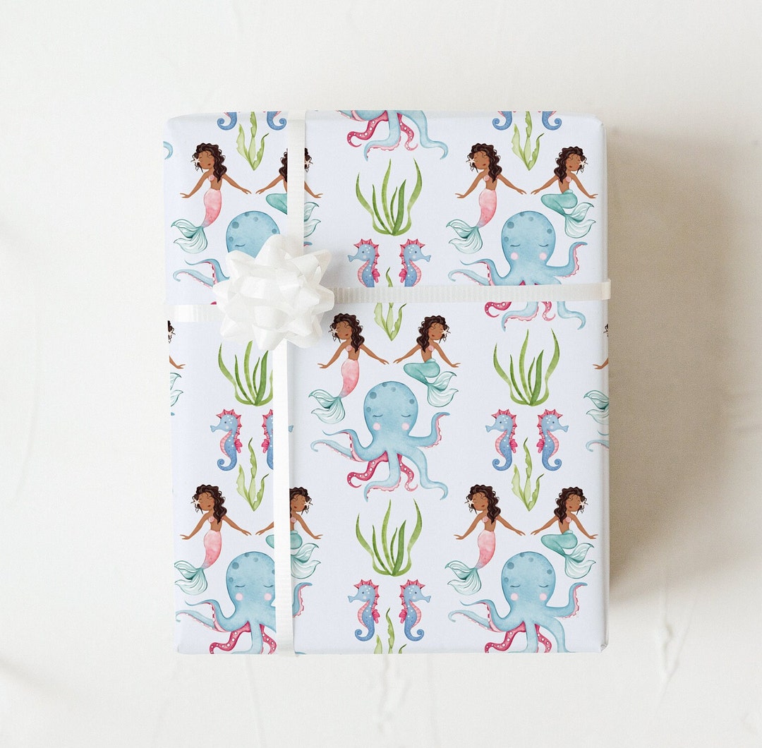 Mermaid Princess Wrapping Paper, Dark Skin Mermaids Gift Wrap, Under-the-sea Themed Birthday ...