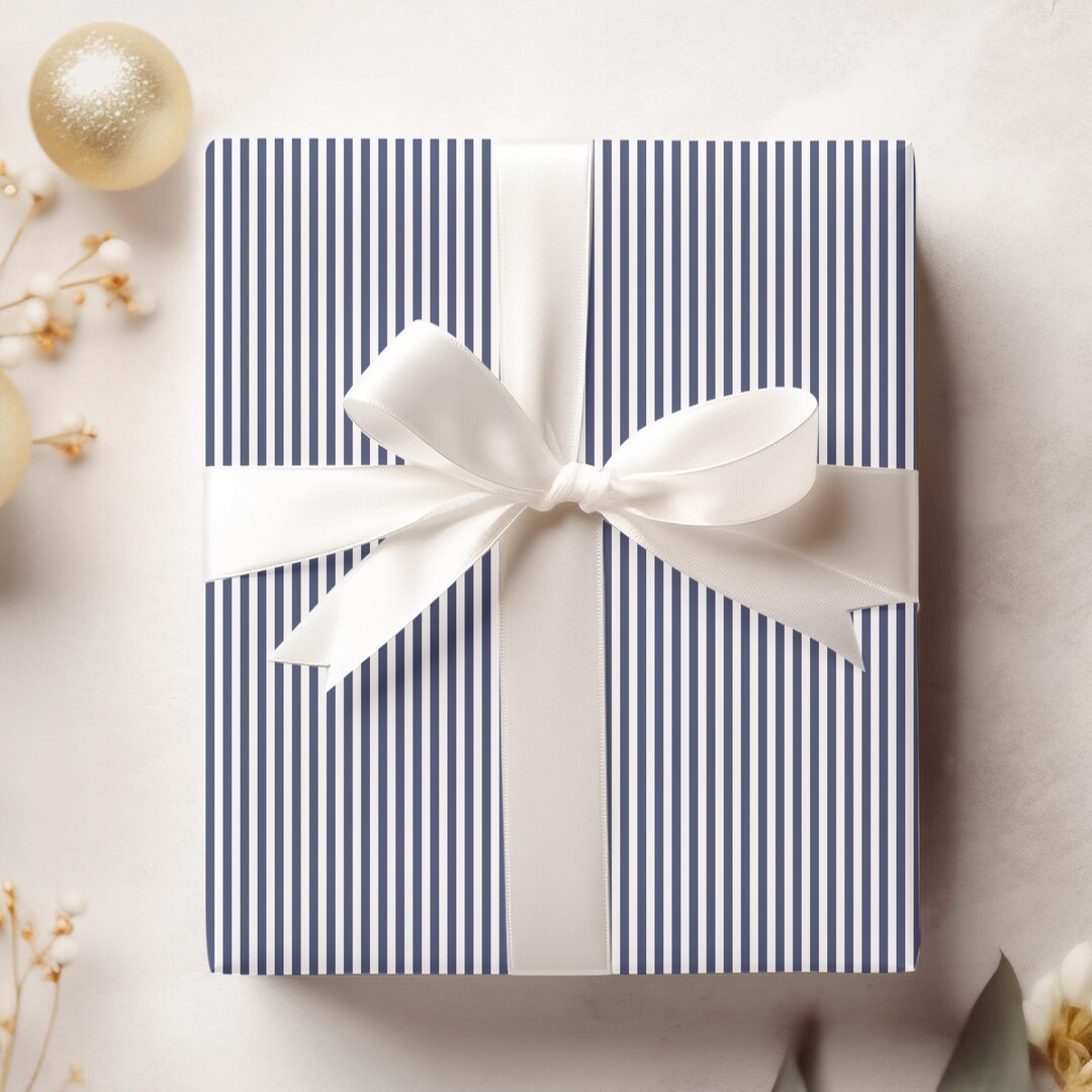 Classic Oxford Stripe Wrapping Paper, Navy Blue or Red Thin Stripe Gift ...