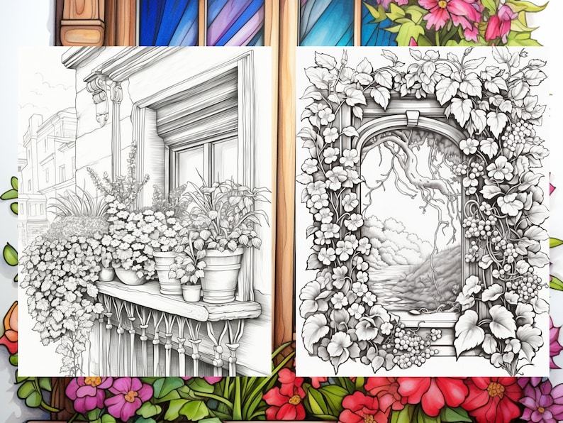 25 Floral Window Coloring Pages Adults and Kids Coloring Book ...