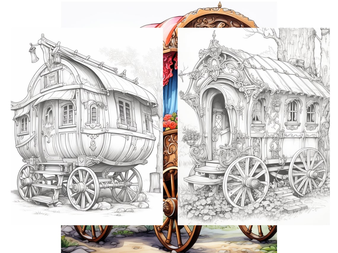 50 Gypsy Caravan Coloring Pages Adult and Kids Coloring Book, Greyscale ...