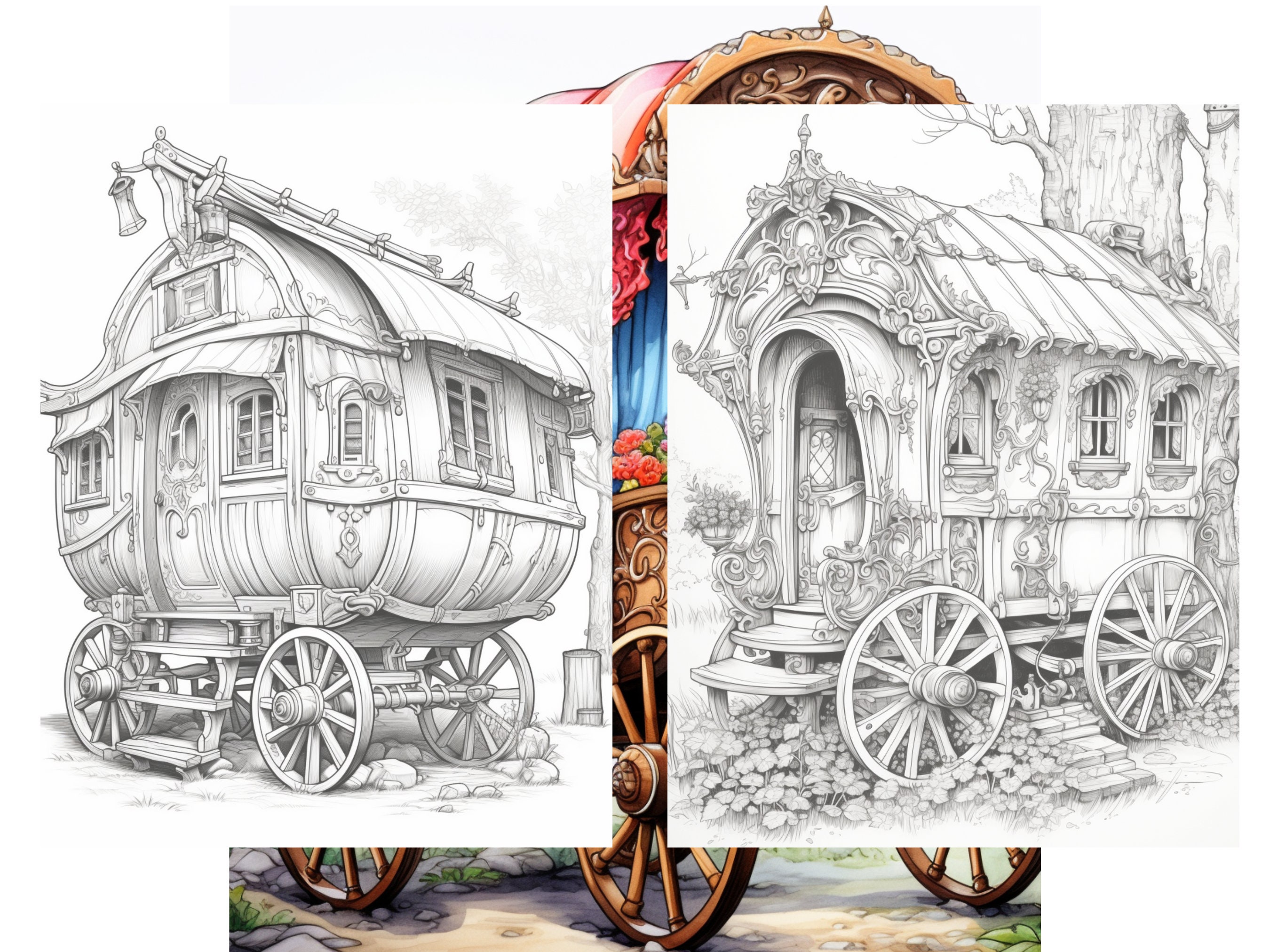 50 Gypsy Caravan Coloring Pages Adult and Kids Coloring Book, Greyscale ...