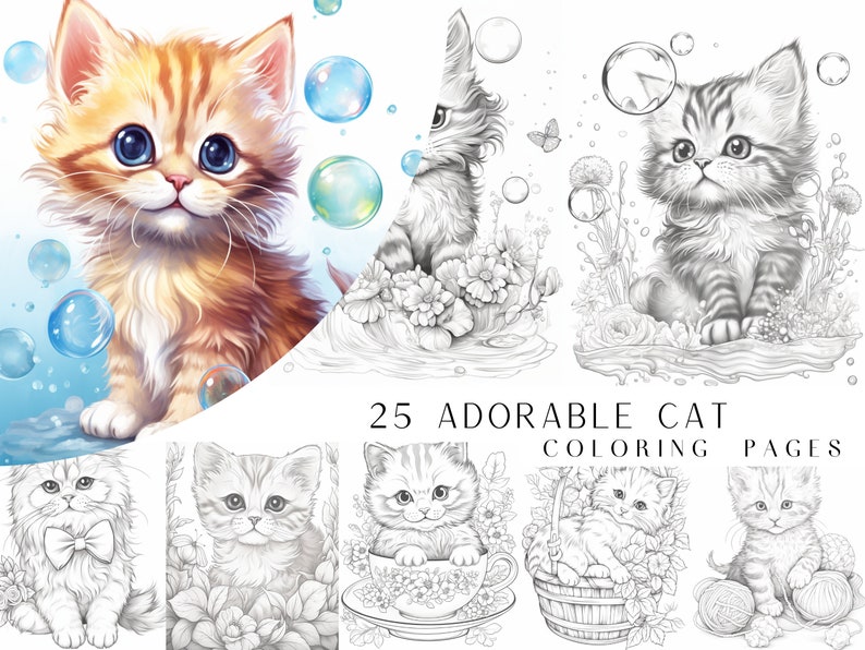 25 Adorable Cat Coloring Pages Adult and Kids Coloring Book, Animal ...