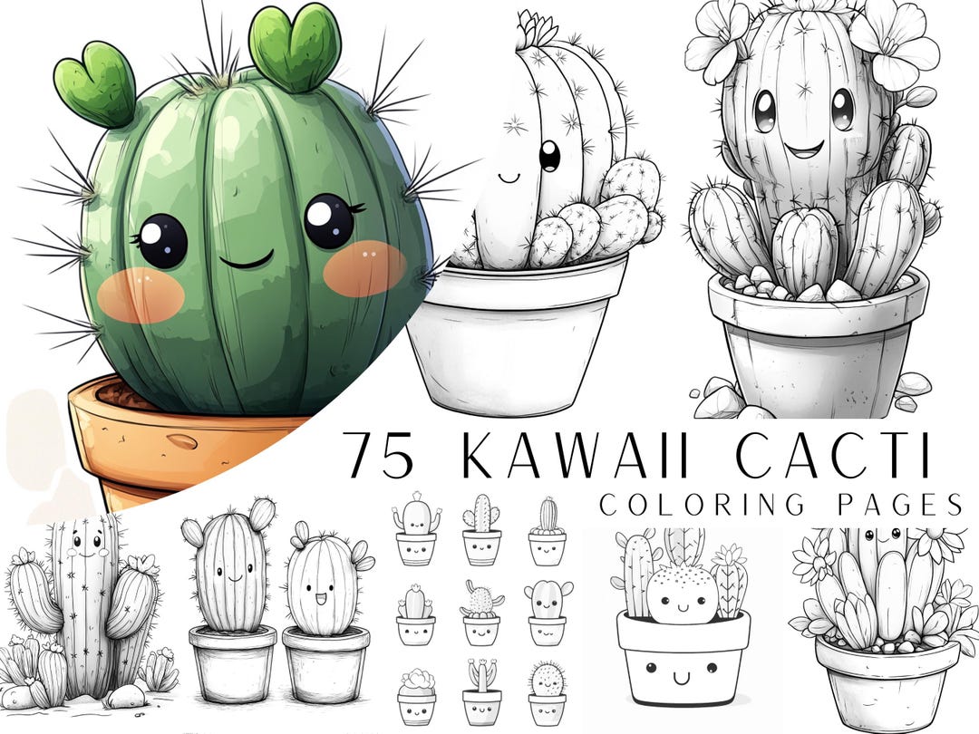 75 Kawaii Cacti Coloring Pages - Instant Digital PDF Download, Adult ...