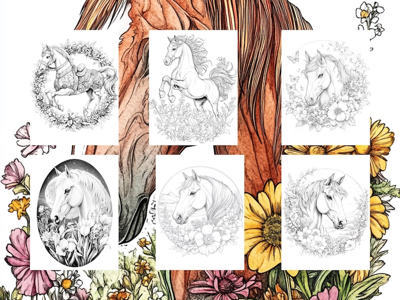 100 Floral Horse Coloring Pages - Instant PDF Digital Download ...