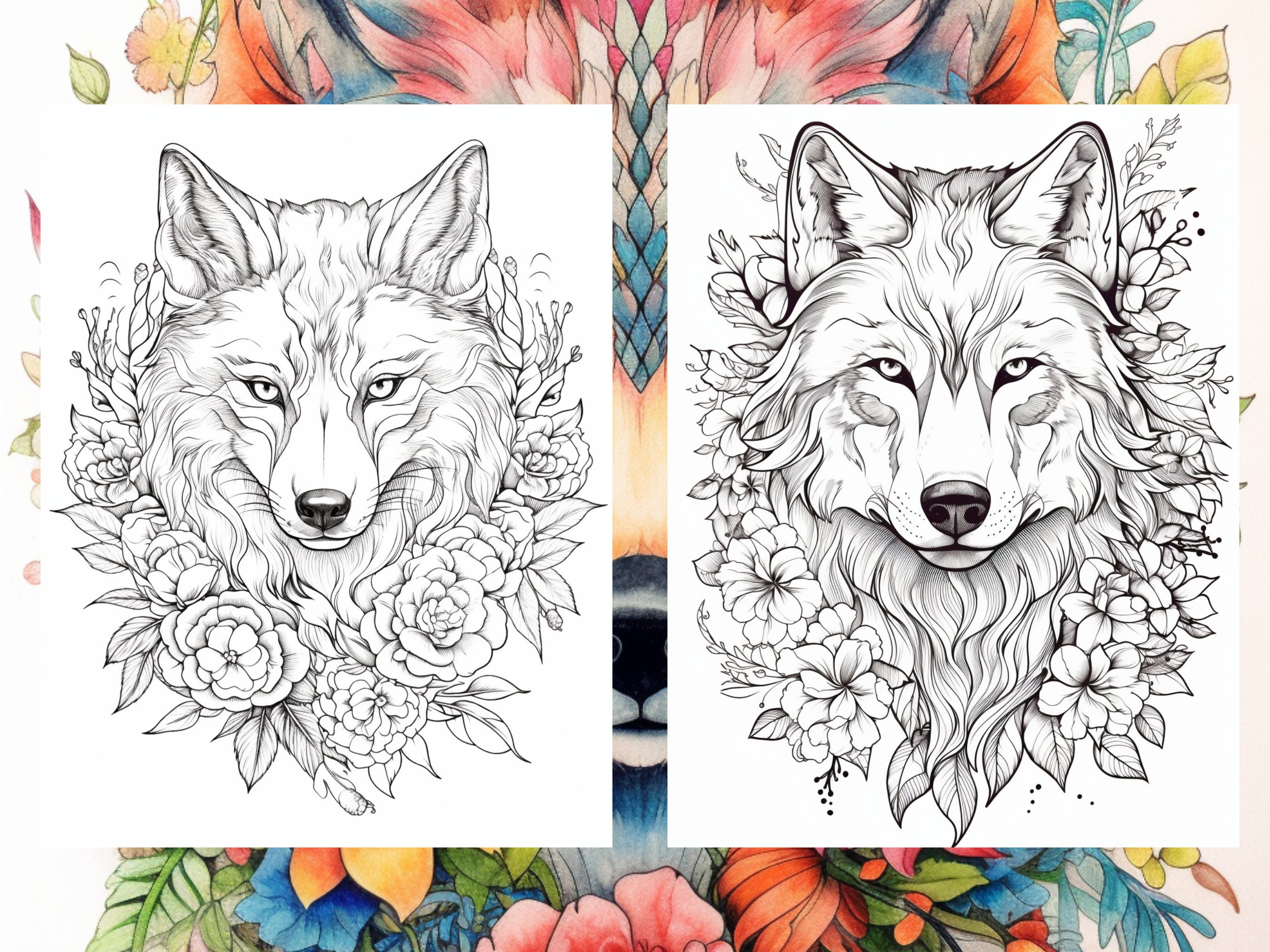 25 Floral Wolf Coloring Pages Kids and Adults Coloring Book, Digital ...