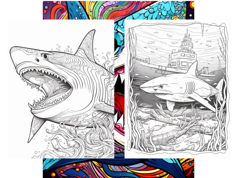 25 Shark Coloring Pages Adult and Kids Coloring Book, Ocean Coloring ...