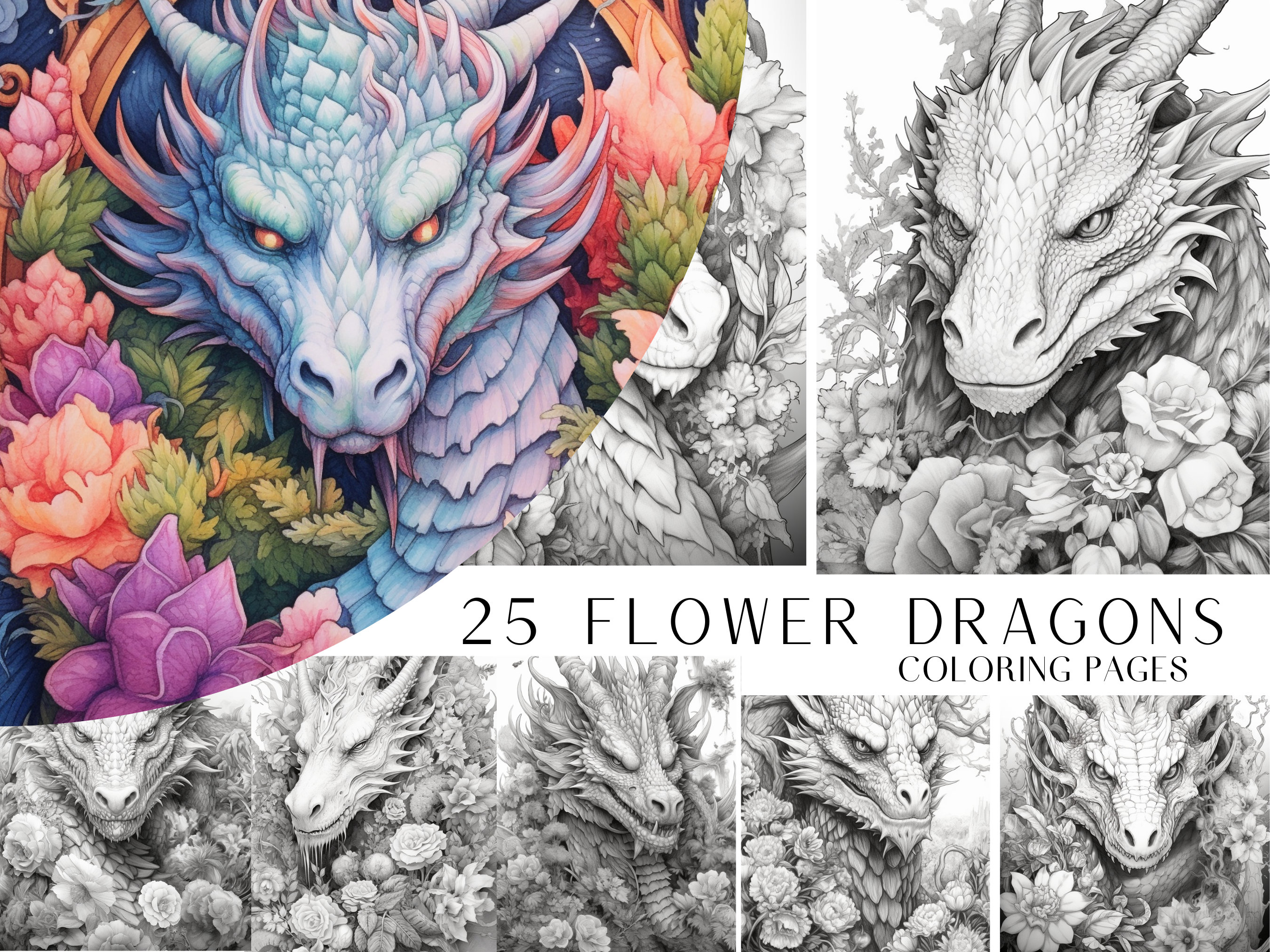 25 Flower Dragon Coloring Pages Adults and Kids Coloring Book ...
