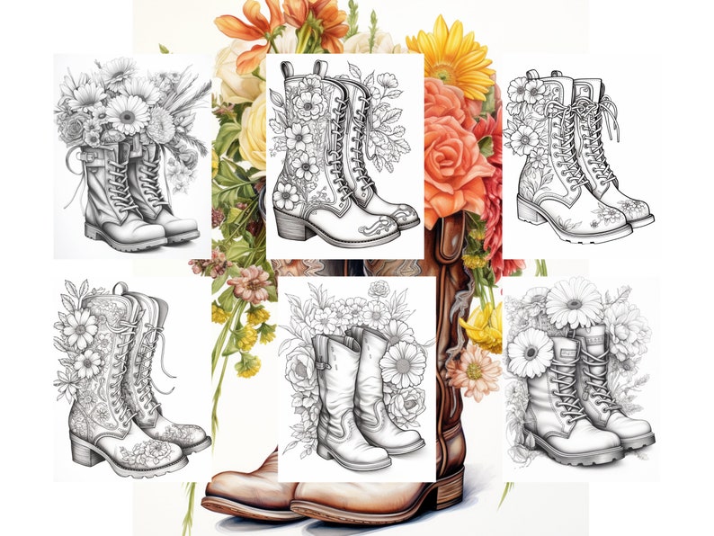 50 Flower Boot Coloring Pages Adult and Kids Coloring Book - Etsy