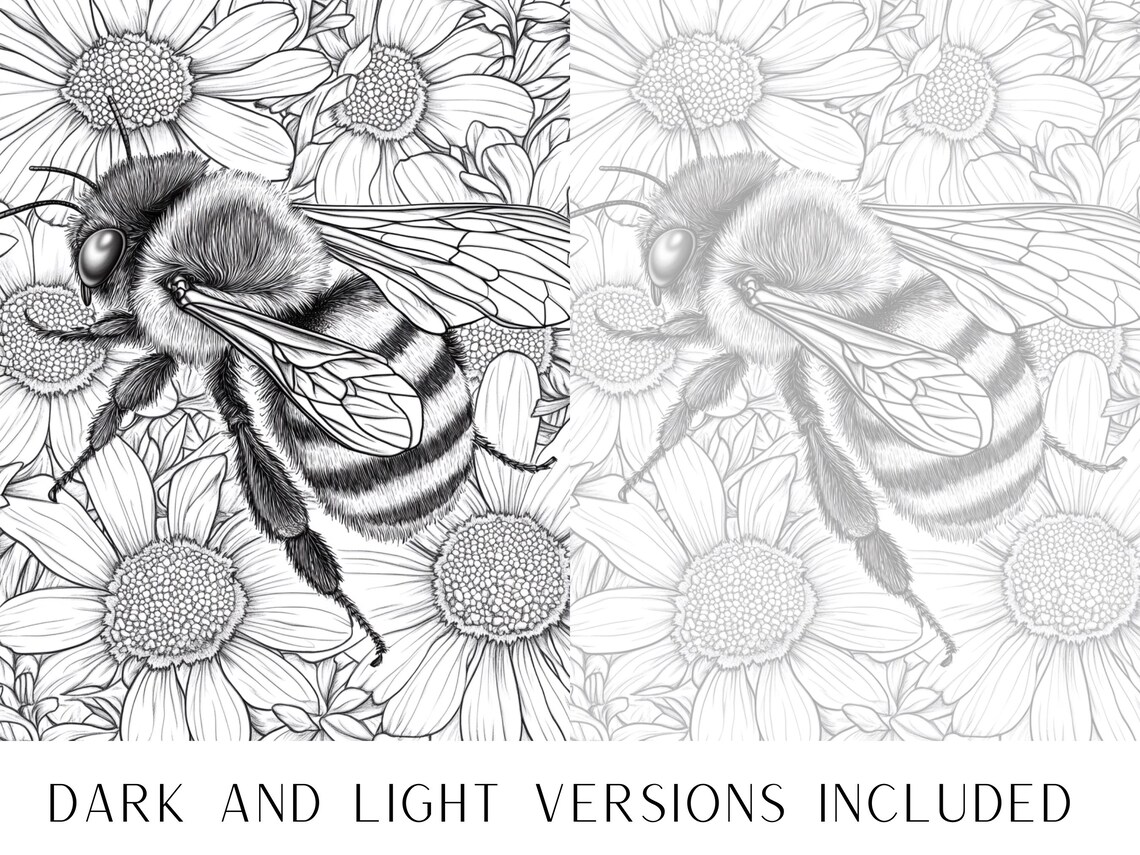 25 Floral Bee Coloring Pages - Adults Coloring Book, Greyscale, Digital ...