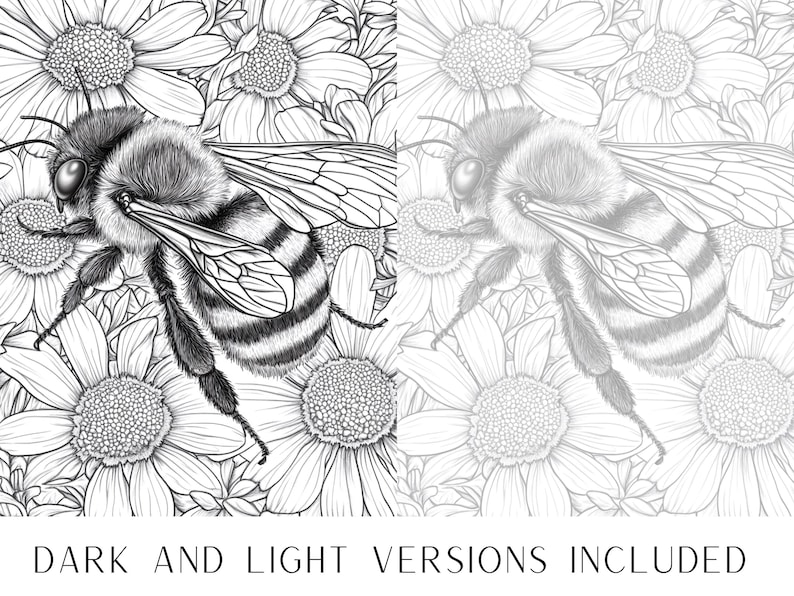 25 Floral Bee Coloring Pages - Adults Coloring Book, Greyscale, Digital ...