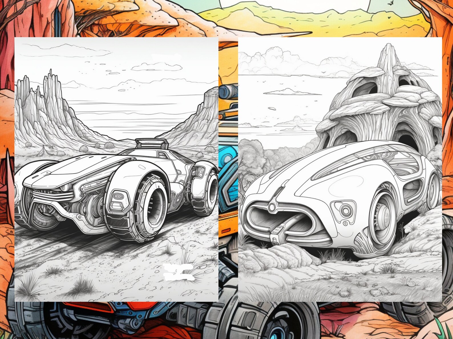 50 Sci-fi Car Coloring Pages - Kids and Adult Coloring Book, Grayscale ...
