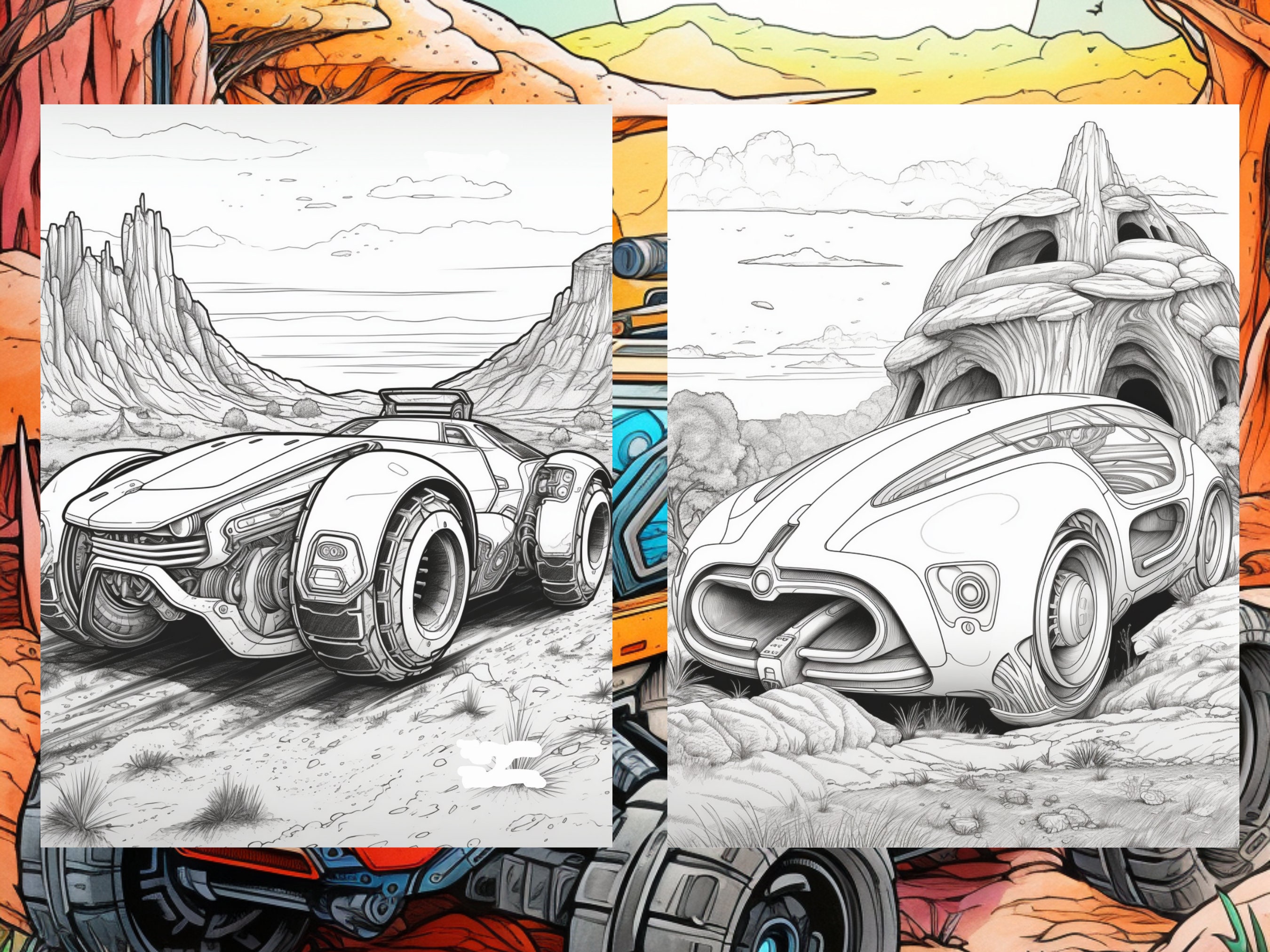 50 Sci-fi Car Coloring Pages - Kids and Adult Coloring Book, Grayscale ...