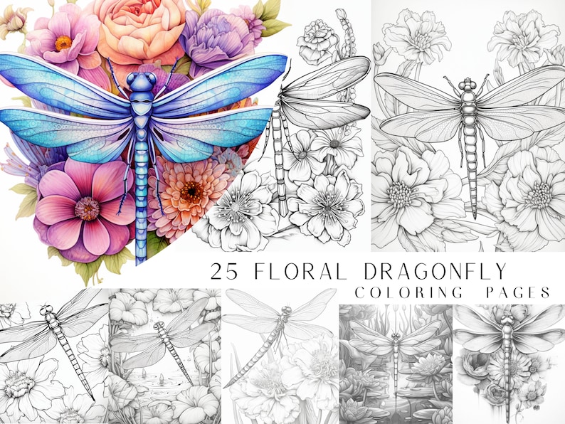 25 Floral Dragonfly Coloring Pages Adult and Kids Coloring Book ...