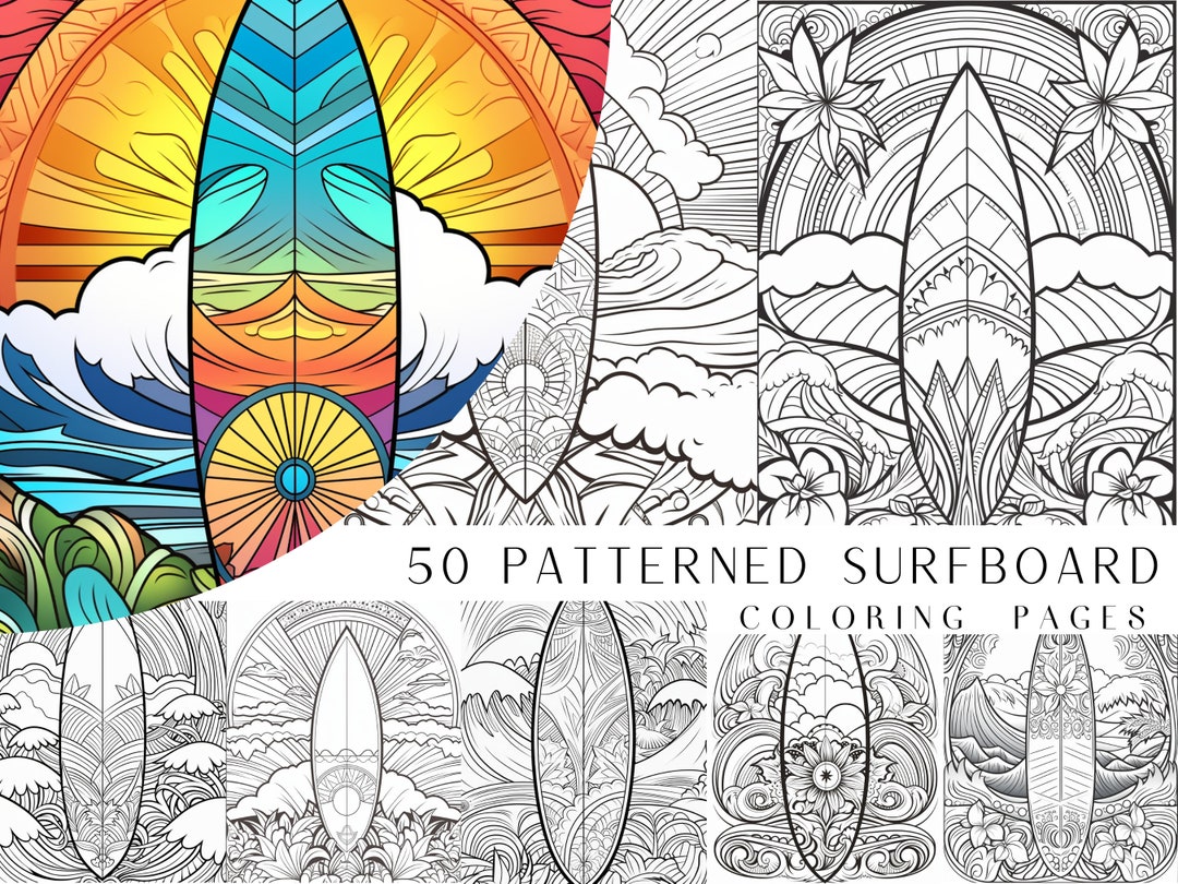 50 Patterned Surfboard Coloring Pages - Adults and Kids Coloring Book ...