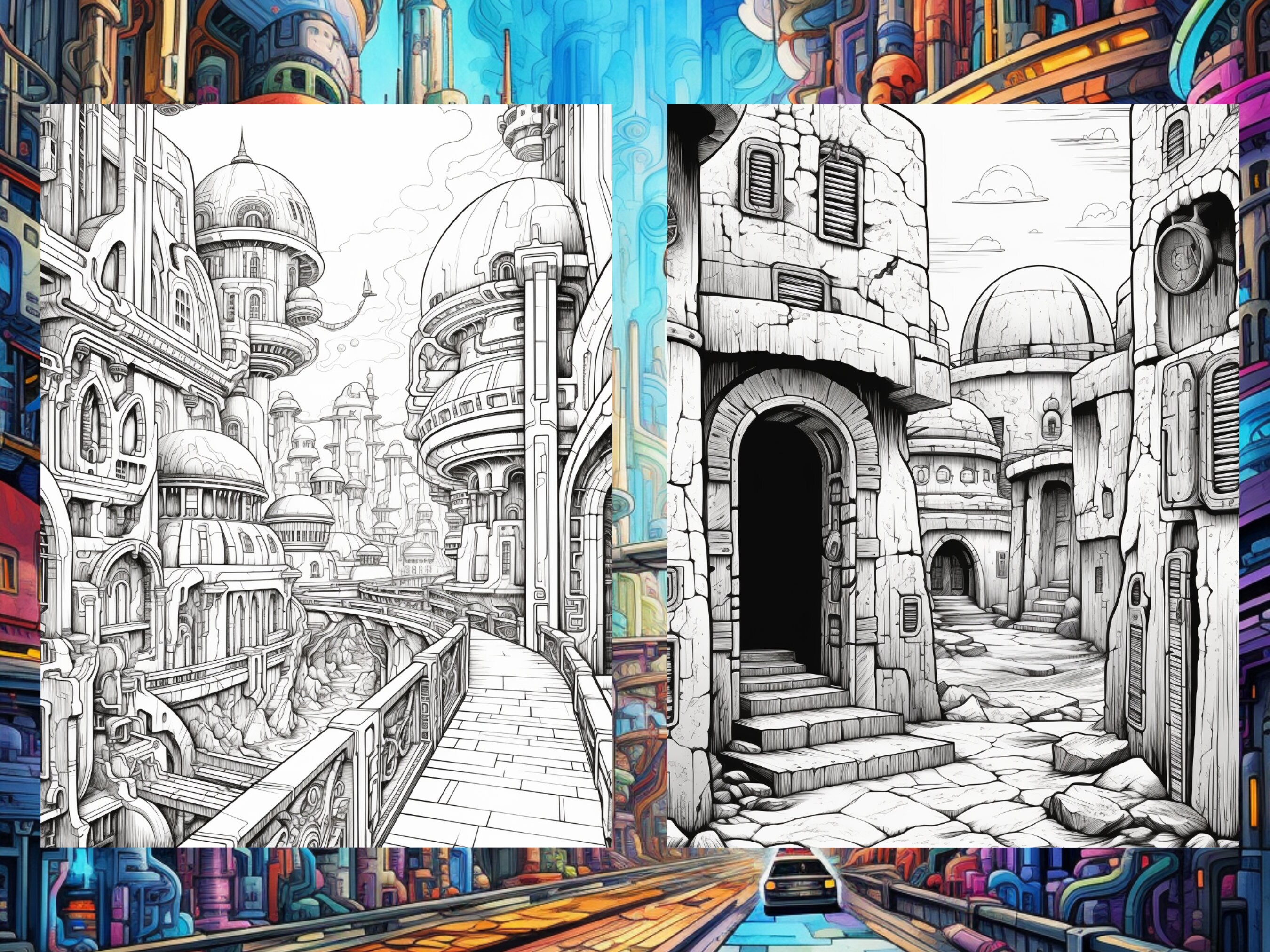 50 Galactic Sci-fi City Coloring Pages - Kids and Adult Coloring Book ...